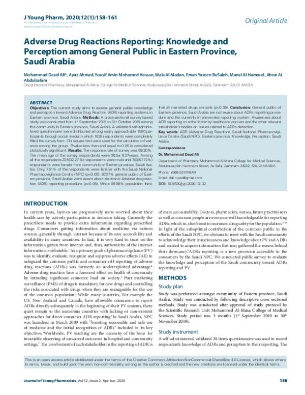 (PDF) Adverse Drug Reactions Reporting: Knowledge and Perception among General Public in Eastern ...