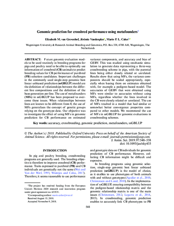 (PDF) Genomic prediction for crossbred performance using metafounders1