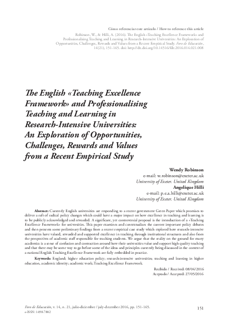 (PDF) The English «Teaching Excellence Framework» and Professionalising ...