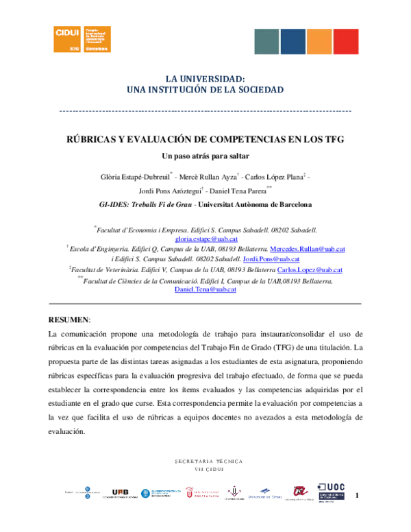 (PDF) RÚBRICAS Y EVALUACIÓN DE COMPETENCIAS EN LOS TFG Un paso atrás para saltar | daniel tena ...