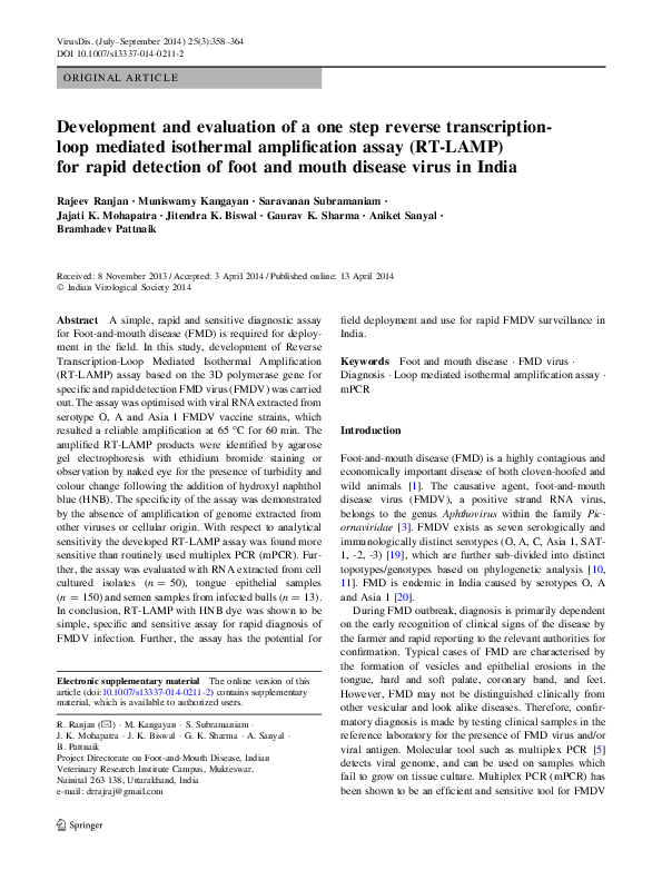(PDF) Development and evaluation of a one step reverse transcription-loop mediated isothermal ...