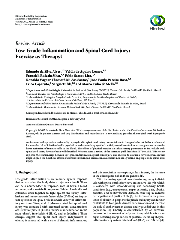 (PDF) Low-Grade Inflammation and Spinal Cord Injury: Exercise as Therapy?