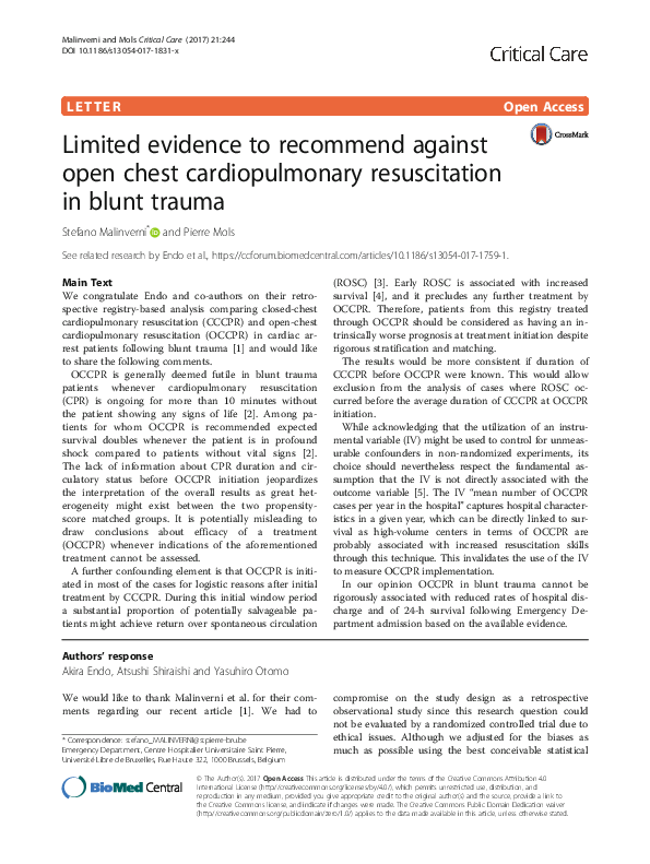 (PDF) Limited evidence to recommend against open chest cardiopulmonary ...