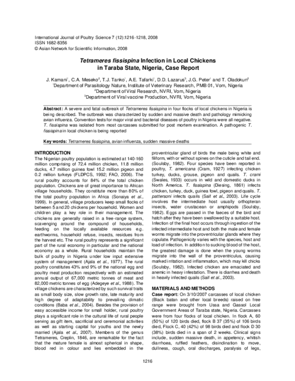 (PDF) Tetrameres fissispina Infection in Local Chickens in Taraba State ...