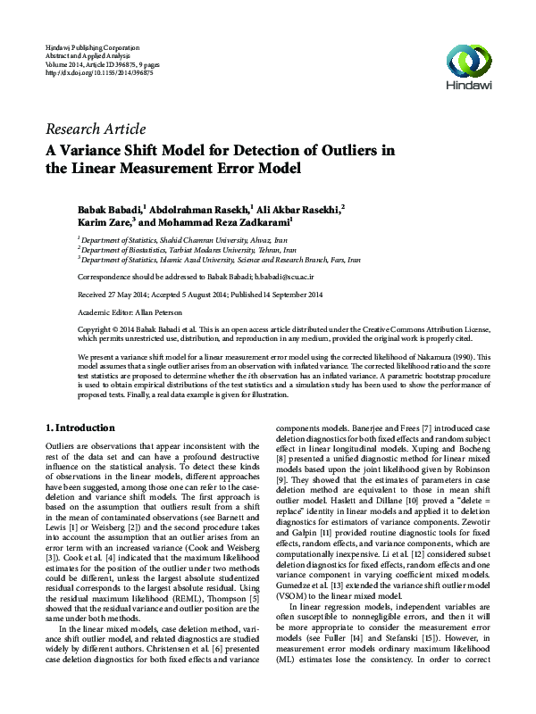 (PDF) A Variance Shift Model for Detection of Outliers in the Linear Measurement Error Model