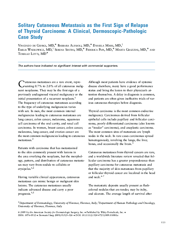 (PDF) Solitary Cutaneous Metastasis as the First Sign of Relapse of ...