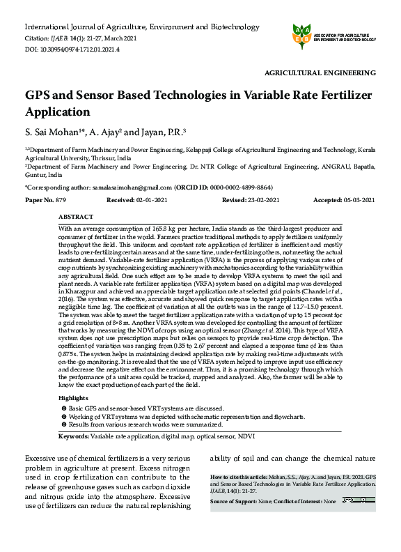 Pdf Gps And Sensor Based Technologies In Variable Rate Fertilizer Application