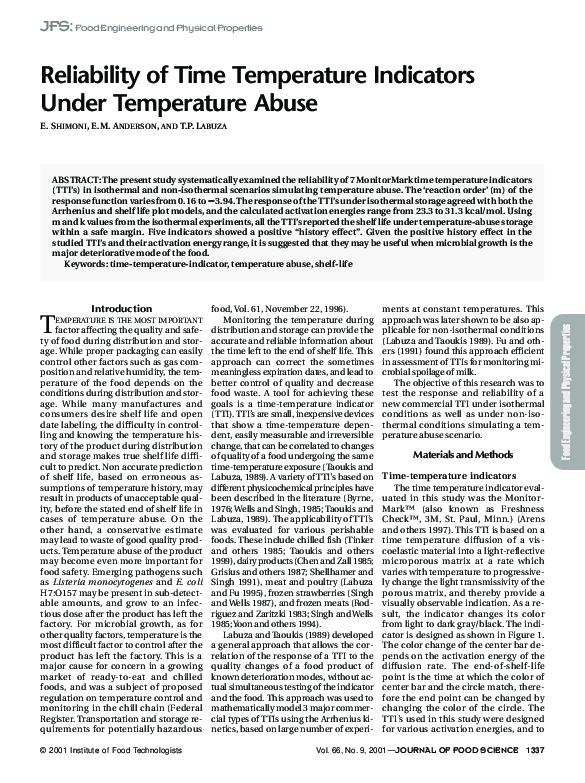 (PDF) Reliability of Time Temperature Indicators Under Temperature Abuse