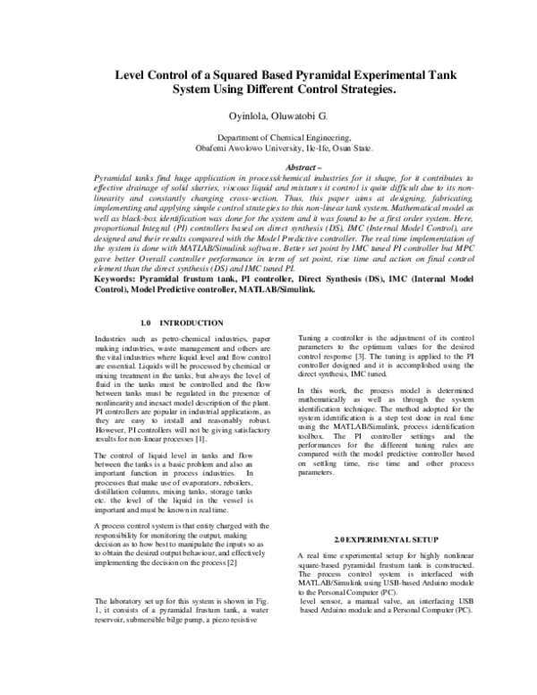 (PDF) Level Control of a Squared Based Pyramidal Experimental Tank ...
