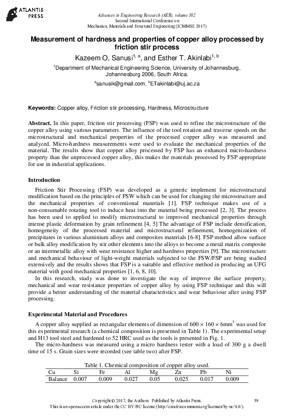 (PDF) Measurement of hardness and properties of copper alloy processed by friction stir process