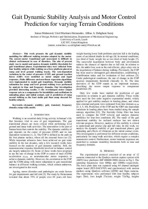 (PDF) Gait dynamic stability analysis and motor control prediction for varying terrain conditions