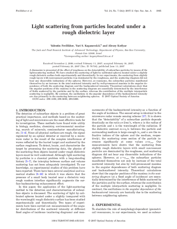 (PDF) Light scattering from particles located under a rough dielectric layer | Yuri Kaganovskii ...