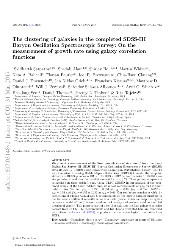 (PDF) BOSS DR12 combined galaxy sample: The clustering of galaxies in the completed SDSS-III ...