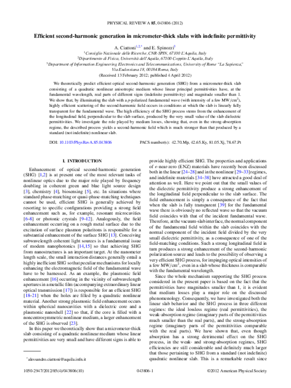 (PDF) Efficient second-harmonic generation in micrometer-thick slabs with indefinite permittivity