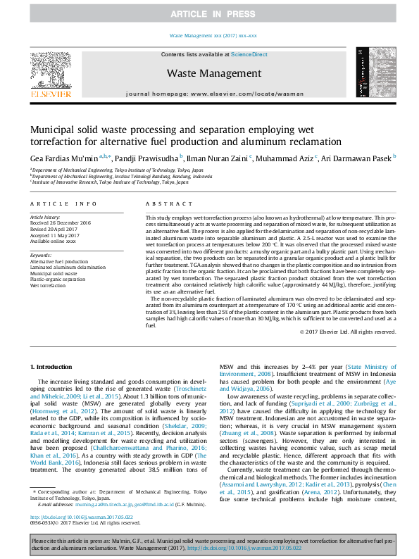 (PDF) Municipal solid waste processing and separation employing wet ...