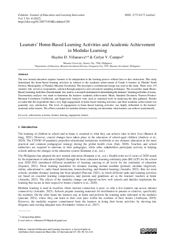 (PDF) Learners’ Home-Based Learning Activities and Academic Achievement ...
