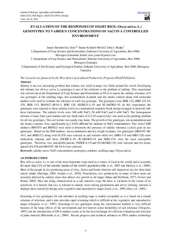 (PDF) EVALUATION OF THE RESPONSES OF EIGHT RICE (Oryza sativa, L.) GENOTYPES TO VARIOUS ...