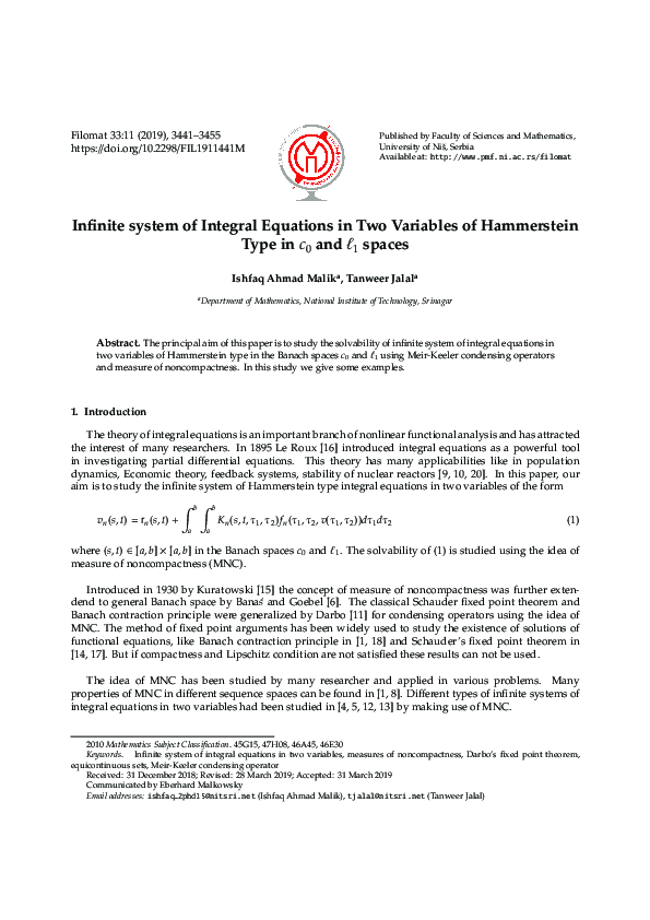 Pdf Infinite System Of Integral Equations In Two Variables Of Hammerstein Type In C0 And ℓ1