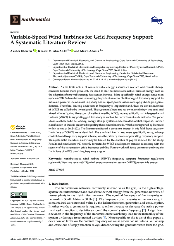 (PDF) Variable-Speed Wind Turbines for Grid Frequency Support: A Systematic Literature Review