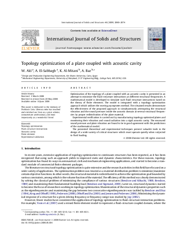 (PDF) Topology optimization of a plate coupled with acoustic cavity