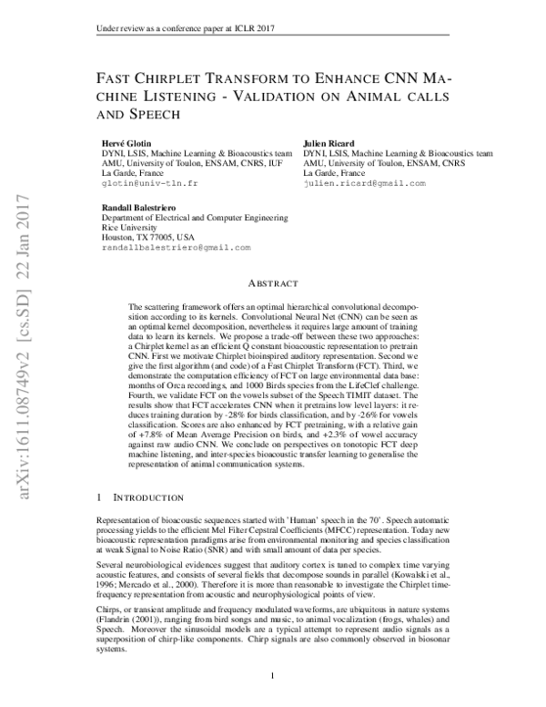 (PDF) Fast Chirplet Transform feeding CNN, application to orca and bird bioacoustics | Hervé ...