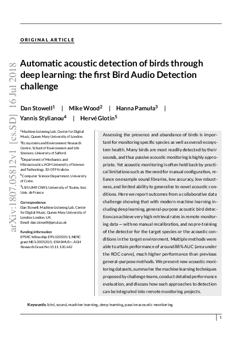 (PDF) Automatic acoustic detection of birds through deep learning: The ...