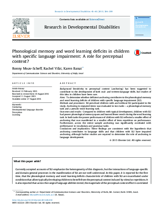 (PDF) Phonological memory and word learning deficits in children with specific language ...