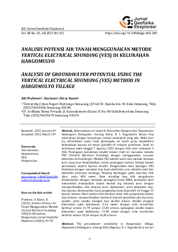(PDF) Analisis Potensi Air Tanah Menggunakan Metode Vertical Electrical Sounding (Ves) DI ...