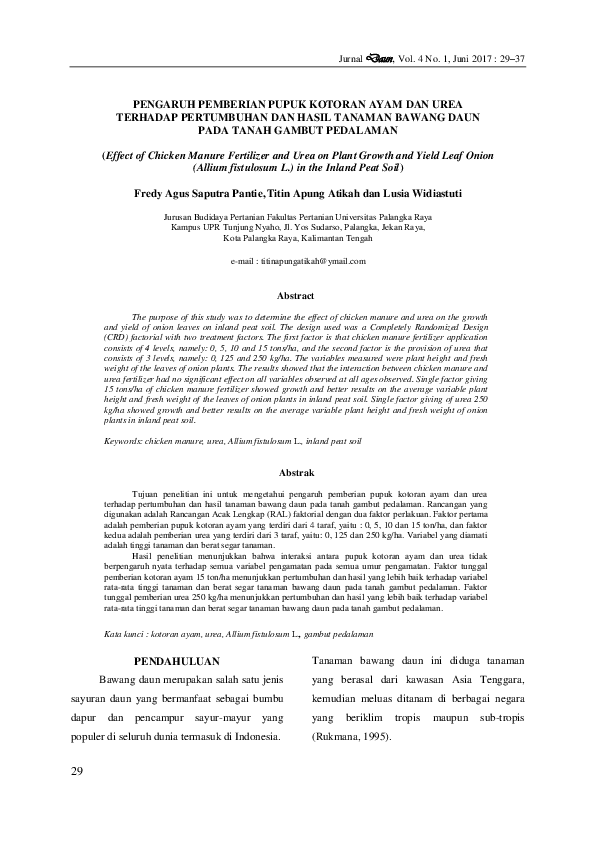(PDF) Pengaruh Pemberian Pupuk Kotoran Ayam dan Urea terhadap Pertumbuhan dan Hasil Tanaman ...