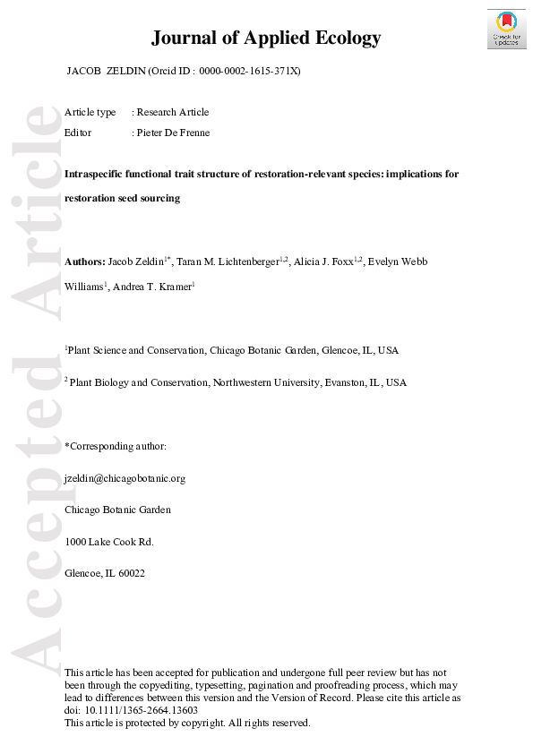 (PDF) Intraspecific functional trait structure of restoration‐relevant ...