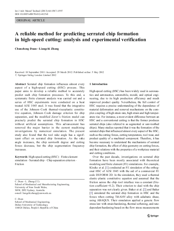 Pdf A Reliable Method For Predicting Serrated Chip Formation In High Speed Cutting Analysis