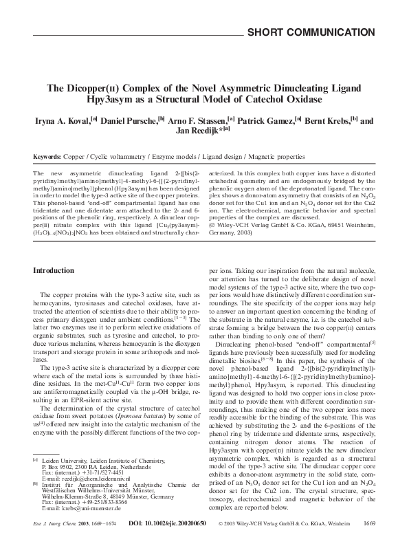 The Dicopper(II) Complex of the Novel Asymmetric Dinucleating Ligand Hpy3asym as a Structural ...