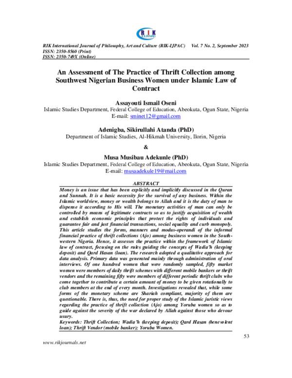 (PDF) An Assessment of The Practice of Thrift Collection among ...