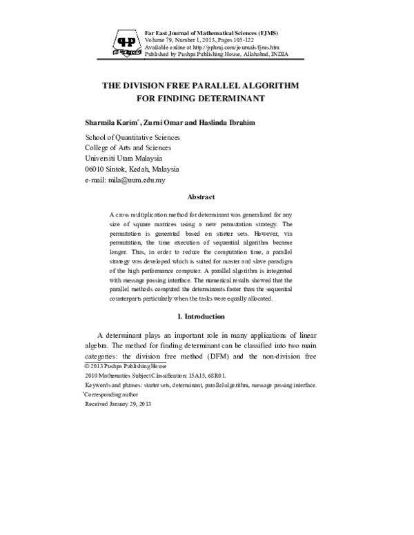 Pdf The Division Free Parallel Algorithm For Finding Determinant Zurni Omar 