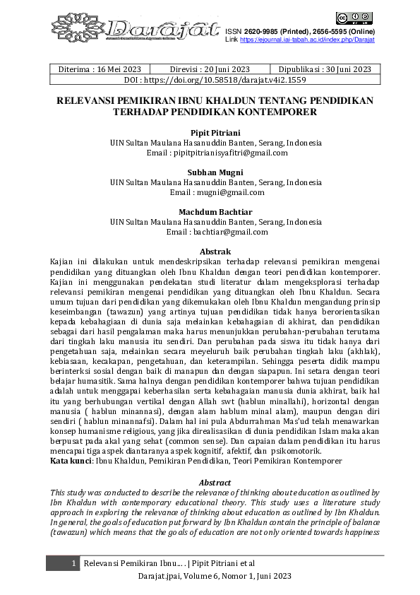 (PDF) Relevansi Pemikiran Ibnu Khaldun Tentang Pendidikan Terhadap Pendidikan Kontemporer