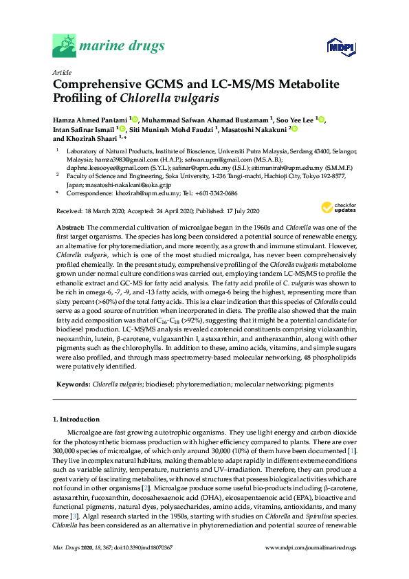 (PDF) Comprehensive GCMS and LC-MS/MS Metabolite Profiling of Chlorella vulgaris