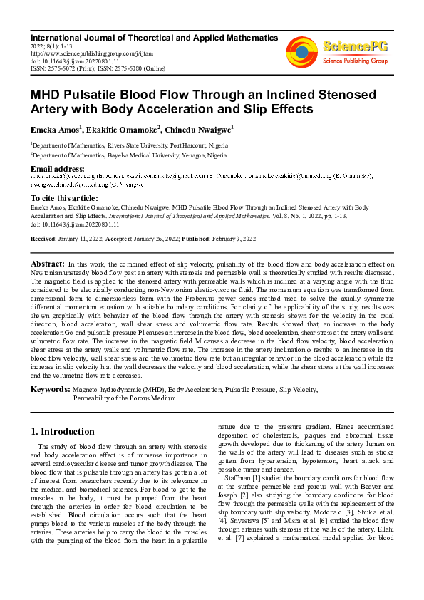 (PDF) MHD Pulsatile Blood Flow Through an Inclined Stenosed Artery with Body Acceleration and ...