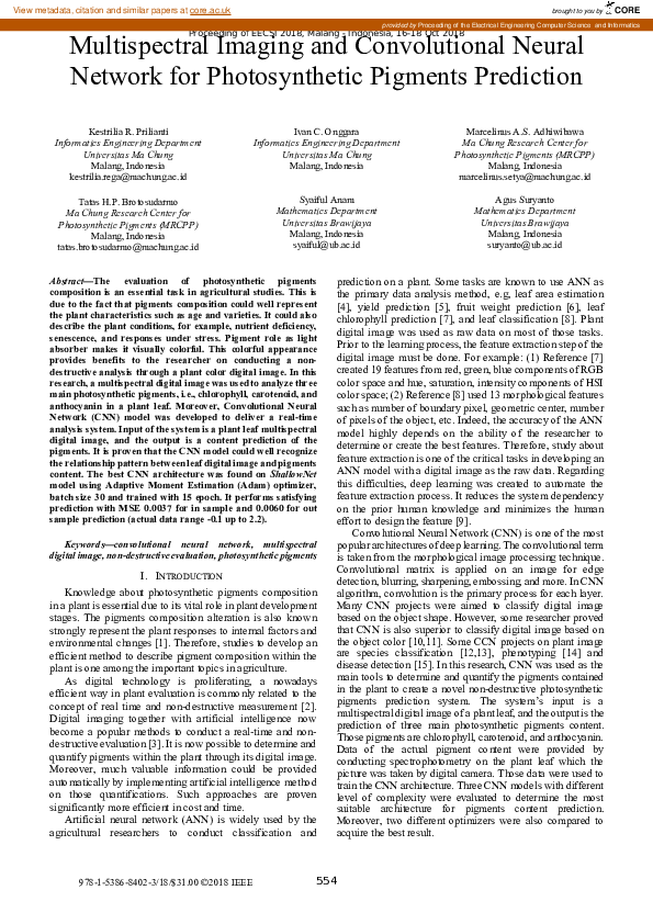(PDF) Multispectral Imaging and Convolutional Neural Network for Photosynthetic Pigments Prediction