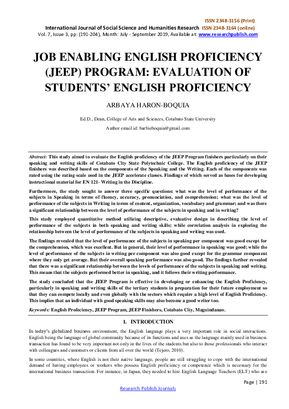 (PDF) Evaluating English Proficiency in JEEP Program