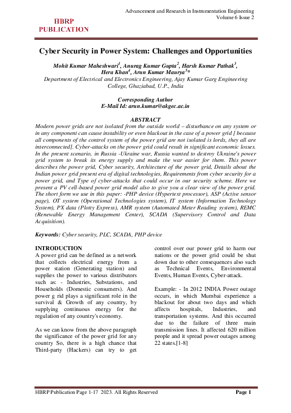(PDF) Cyber Security in Power System: Challenges and Opportunities