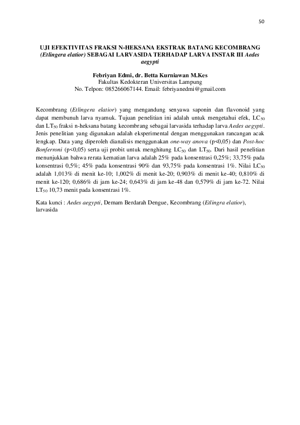 (PDF) Uji Efektivitas Fraksi N-Heksana Ekstrak Batang Kecombrang ...