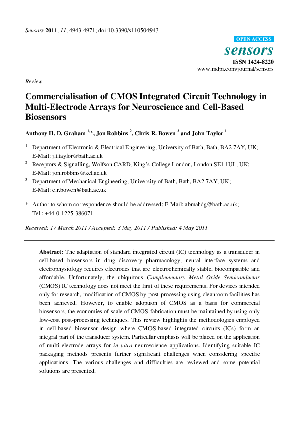 (PDF) Commercialisation of CMOS Integrated Circuit Technology in Multi-Electrode Arrays for ...