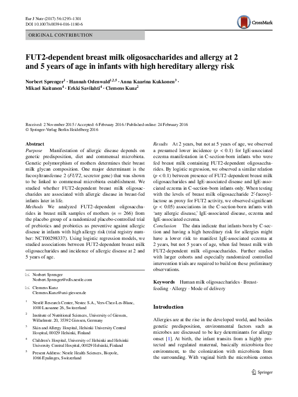 (PDF) FUT2-dependent breast milk oligosaccharides and allergy at 2 and ...
