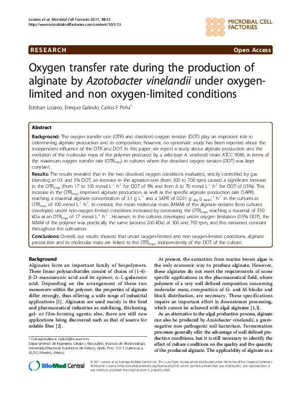 (PDF) Oxygen transfer rate during the production of alginate by ...