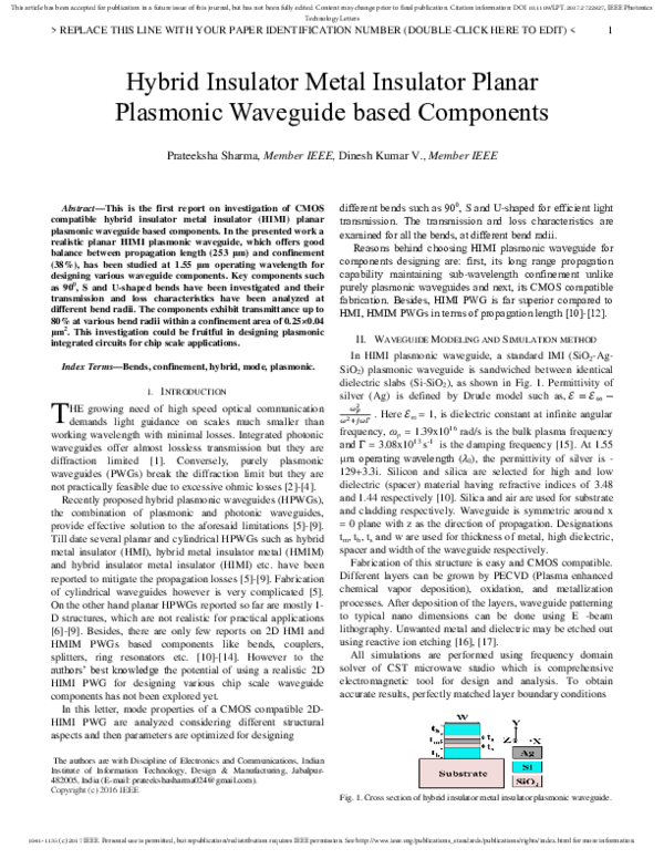 (PDF) Hybrid Insulator Metal Insulator Planar Plasmonic Waveguide-Based Components