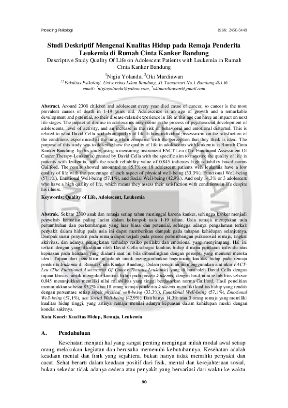 (PDF) Studi Deskriptif Mengenai Kualitas Hidup pada Remaja Penderita Leukemia di Rumah Cinta ...