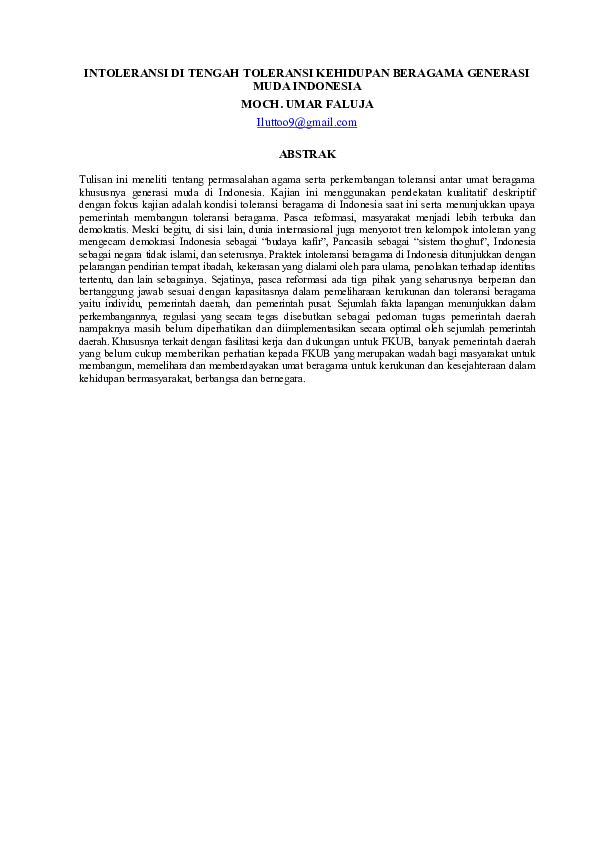 (DOC) INTOLERANSI DI TENGAH TOLERANSI KEHIDUPAN BERAGAMA GENERASI MUDA INDONESIA