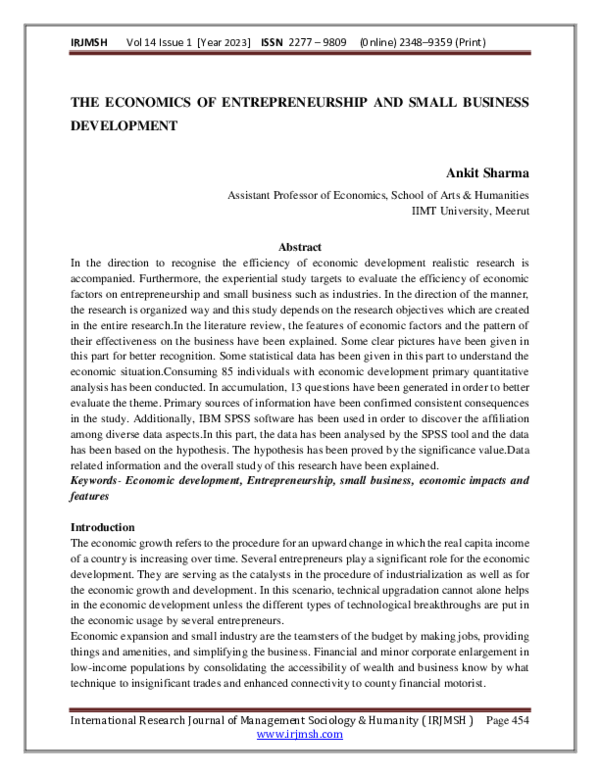 (PDF) THE ECONOMICS OF ENTREPRENEURSHIP AND SMALL BUSINESS DEVELOPMENT