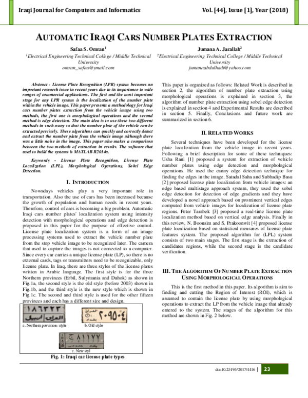 (PDF) Automatic Iraqi Cars Number Plates Extraction
