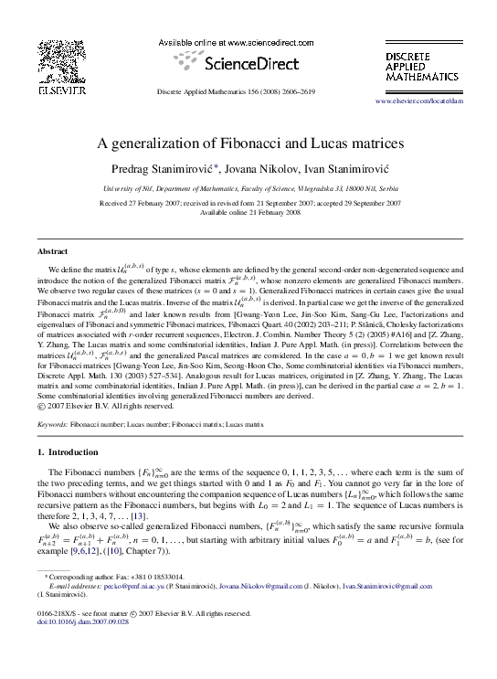 (PDF) A generalization of Fibonacci and Lucas matrices